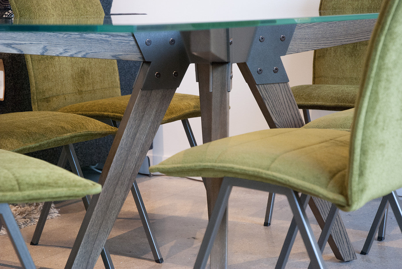 A solid wood base dining table with multiple glass options for the top ...