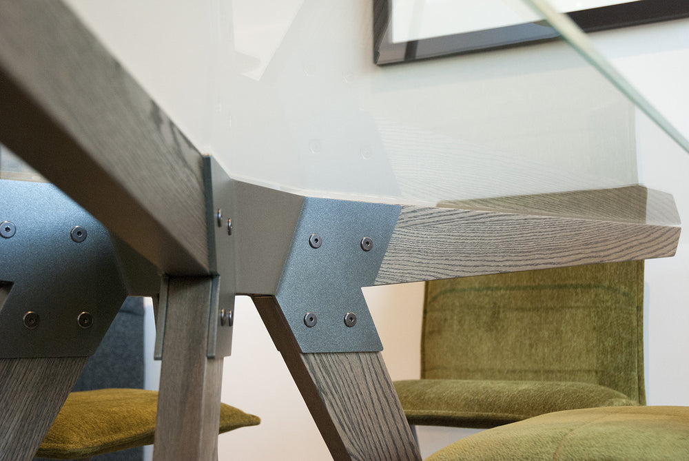 A solid wood base dining table with multiple glass options for the top ...